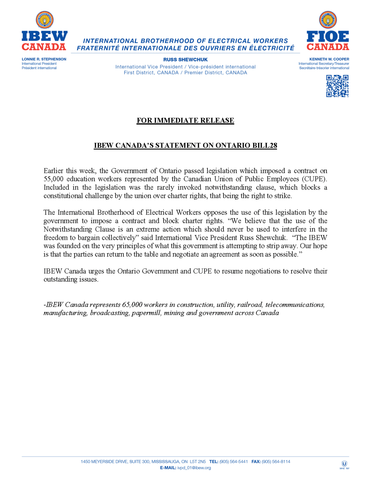 IBEW CANADA’S STATEMENT ON ONTARIO BILL28- IBEW-FIOE 2228