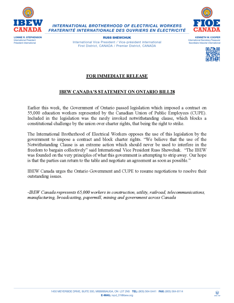 IBEW CANADA’S STATEMENT ON ONTARIO BILL28- IBEW-FIOE 2228